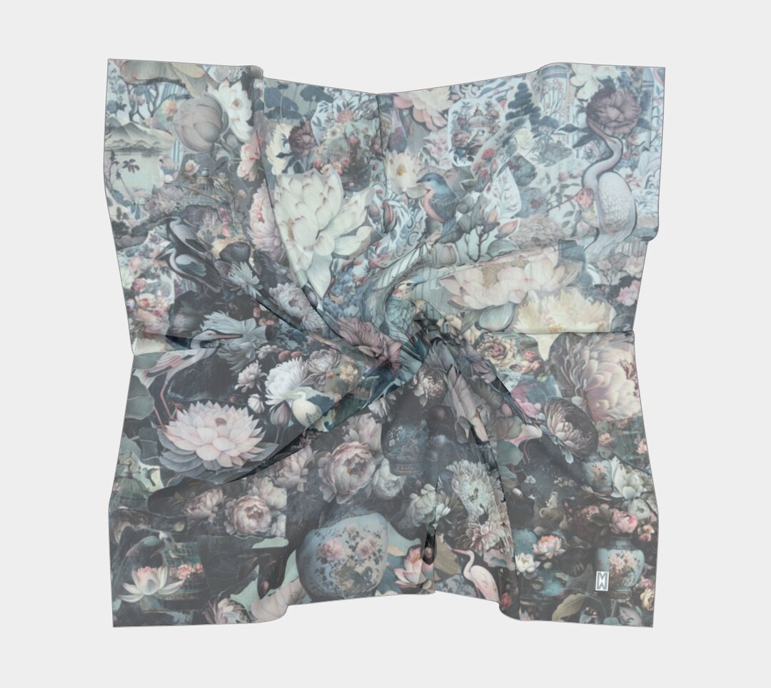 Chinoiserie Floral Silk Scarf | Birds, Peonies, Chrysanthemums Collage ...