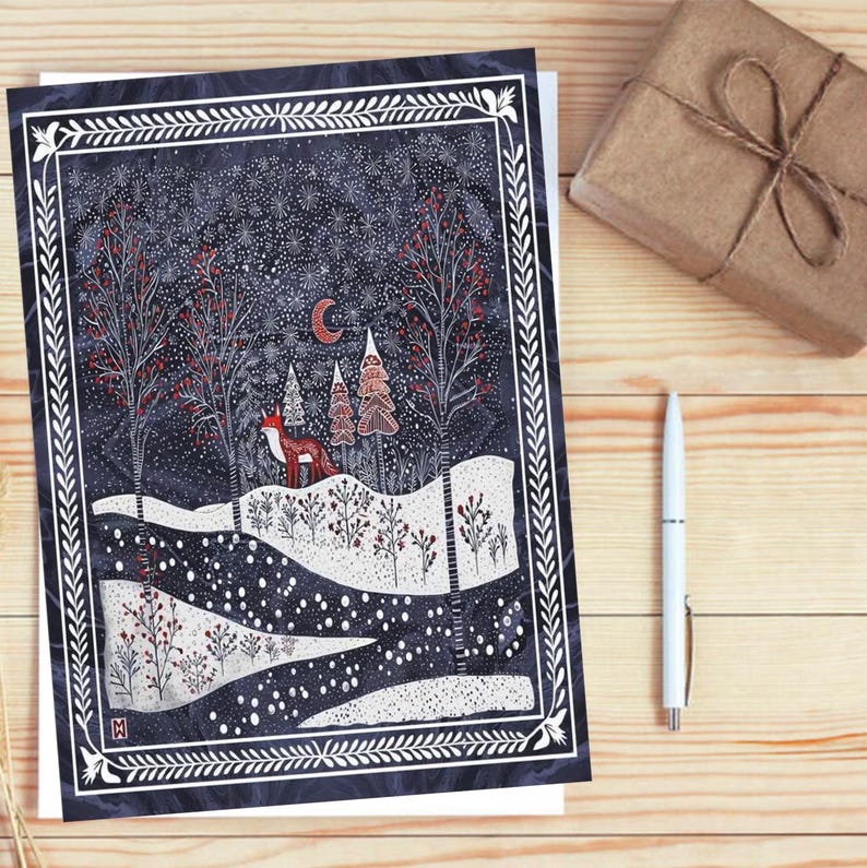Winter Fox Note Cards - Folk Art Snowy Night Stationery - Etsy