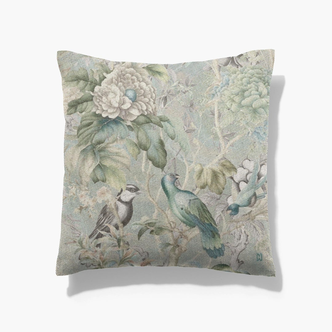 Chinoiserie Two Tone Birds and Flowers Over Pour Woven Tapestry Pillow ...