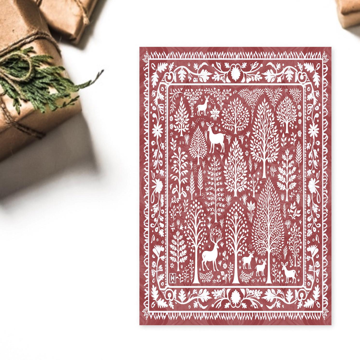 Red & White Forest Deer Holiday Card - Folk Art Stationery - Etsy
