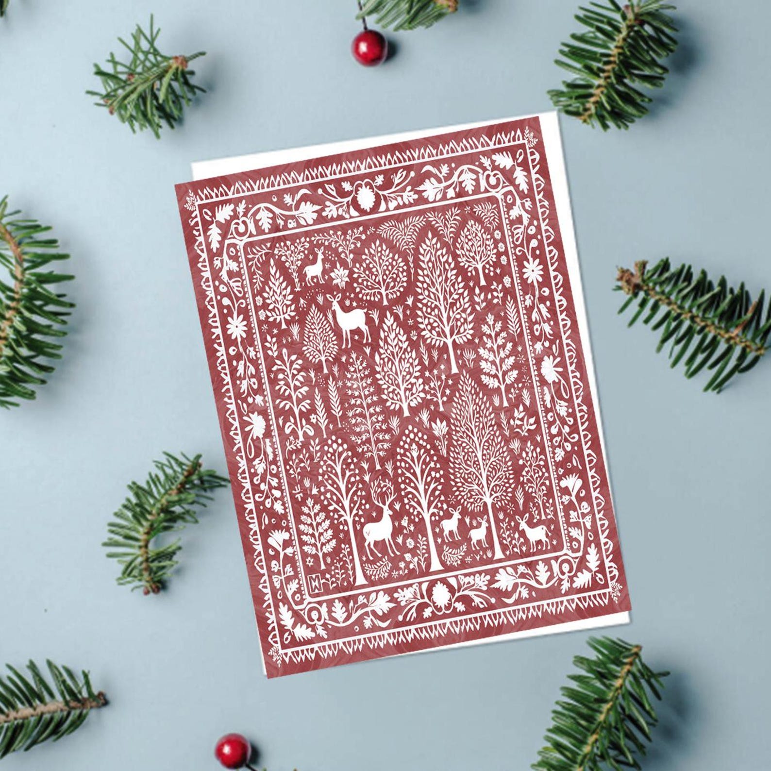 Red & White Forest Deer Holiday Card - Folk Art Stationery - Etsy