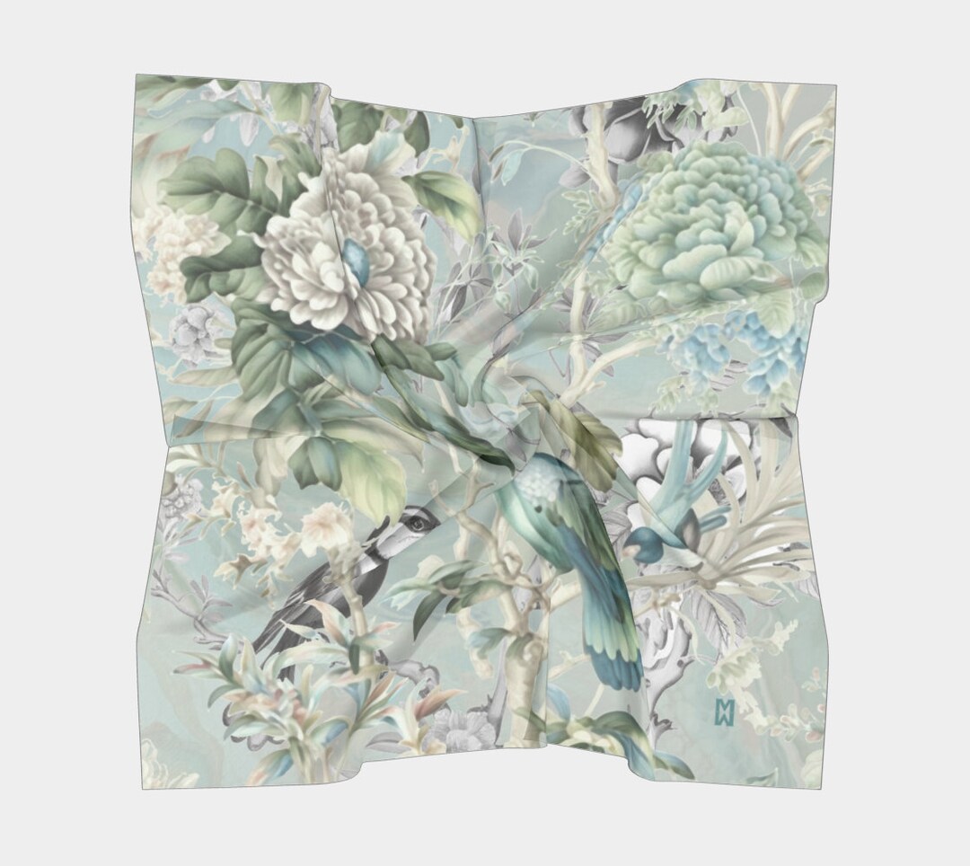 Chinoiserie Two Tone Birds and Flowers Over Pour Luxury Silk Scarf ...