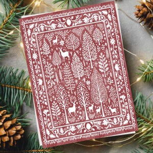 Red & White Forest Deer Holiday Card - Folk Art Stationery - Etsy