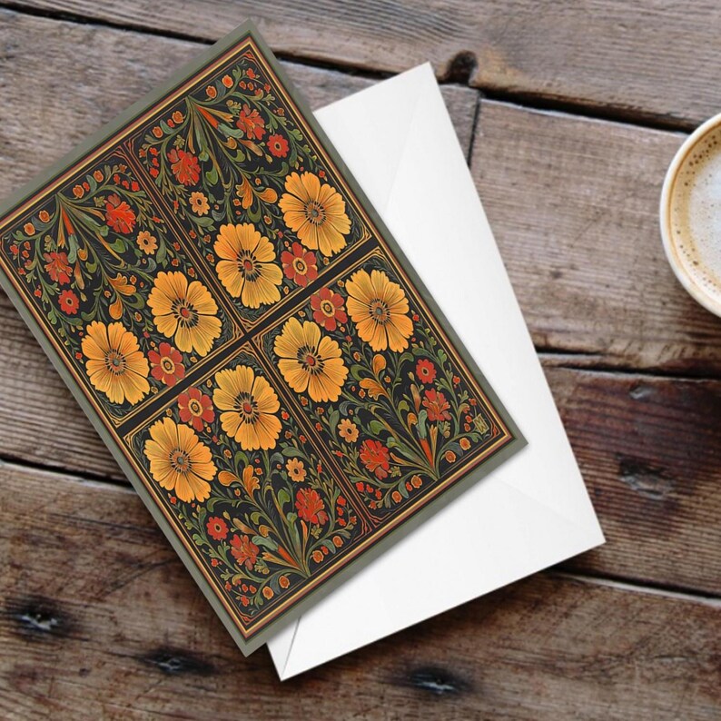 Folk Art Nouveau Greeting Cards | Dark Floral Mod Retro Style (5x7 ...