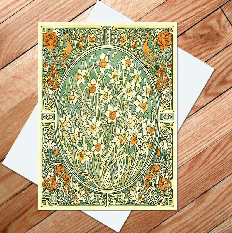 Art Nouveau Daffodil & Peacock Cards | Blank Folded Note Card Set W ...