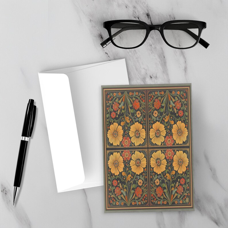 Folk Art Nouveau Greeting Cards | Dark Floral Mod Retro Style (5x7 ...