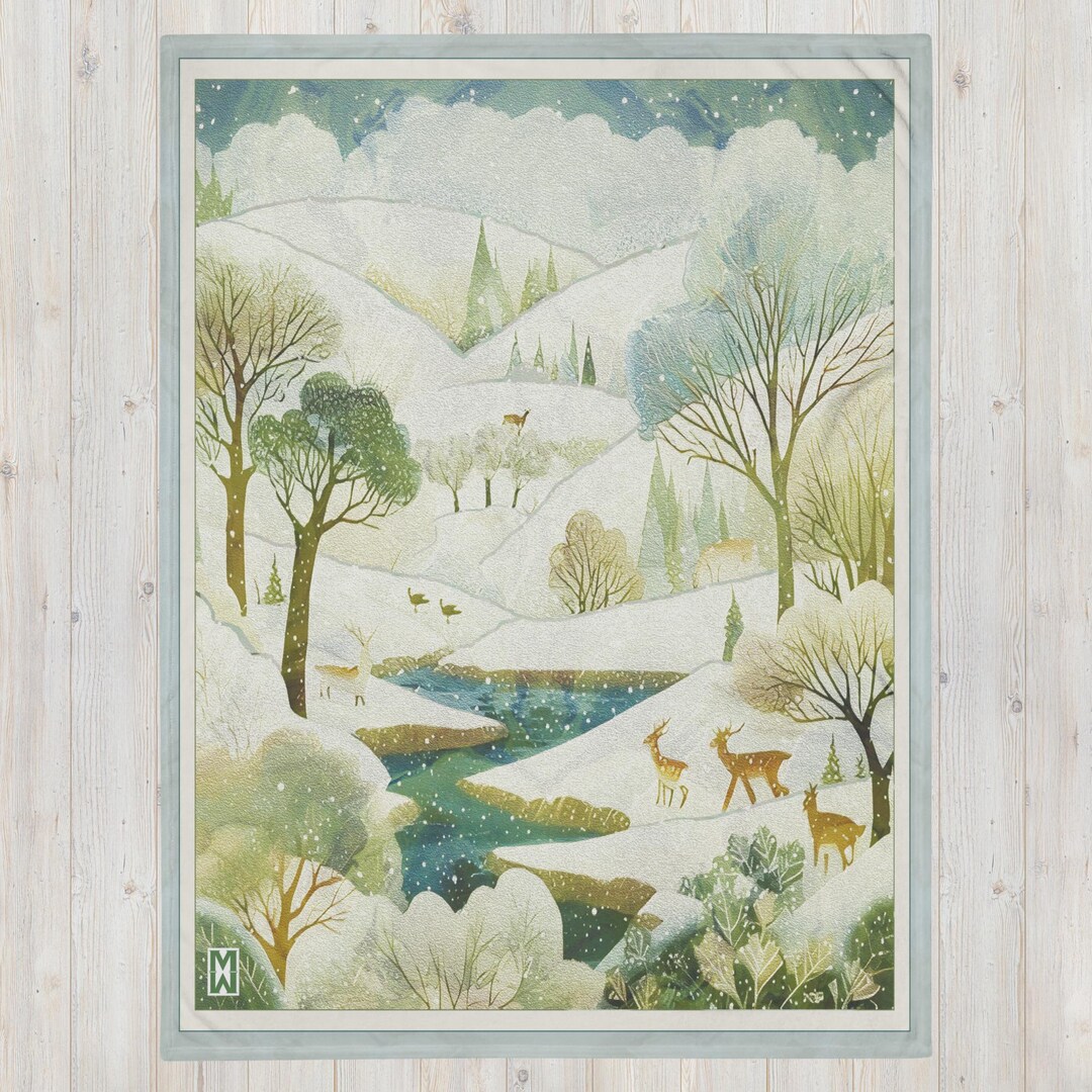 Winter Scene With Deer Landscape Fleece Throw Blanket –original Artwork ...