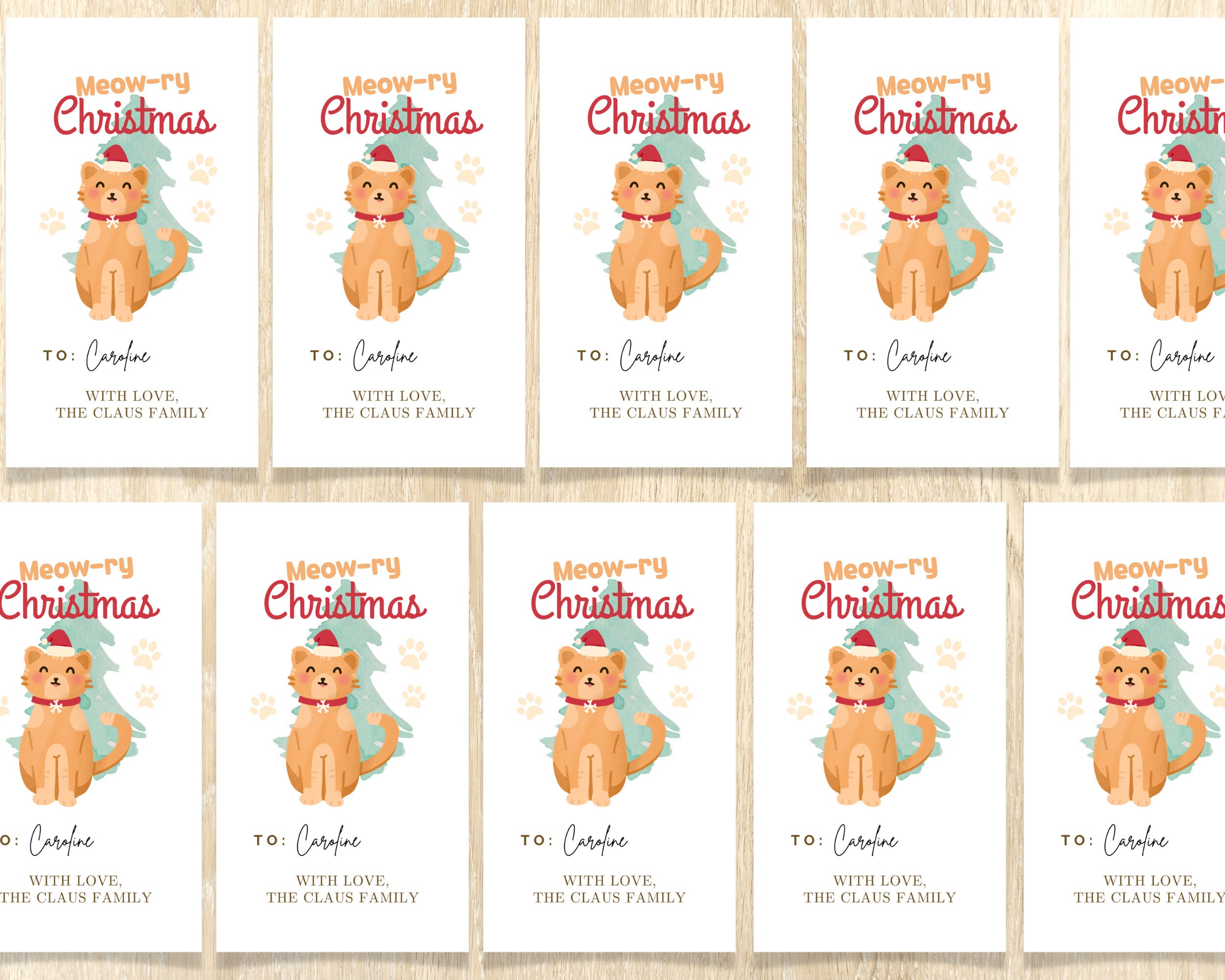 Editable Printable 3.5 by 2 Christmas Cat Gift Tags Holiday Gift Tags ...