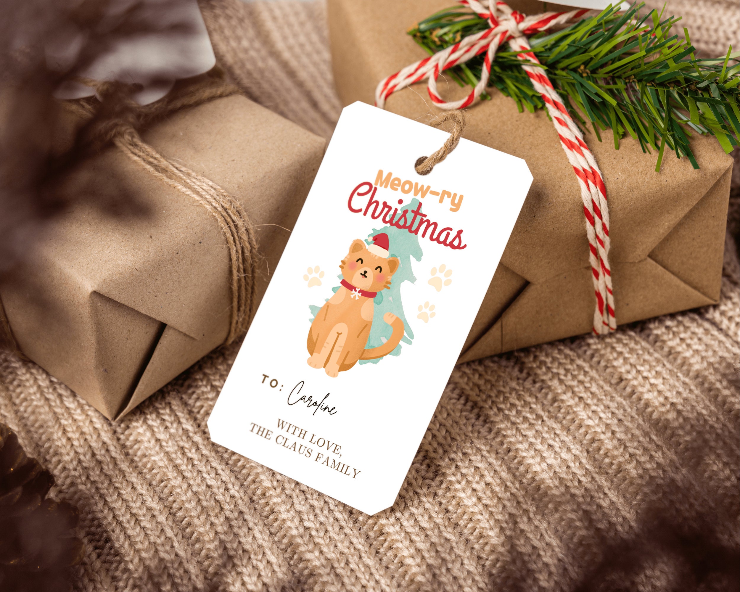 Editable Printable 3.5 by 2 Christmas Cat Gift Tags Holiday Gift Tags ...
