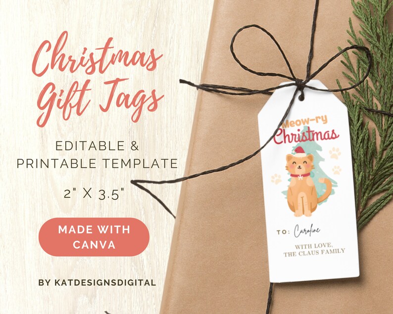 Editable Printable 3.5 by 2 Christmas Cat Gift Tags Holiday Gift Tags ...