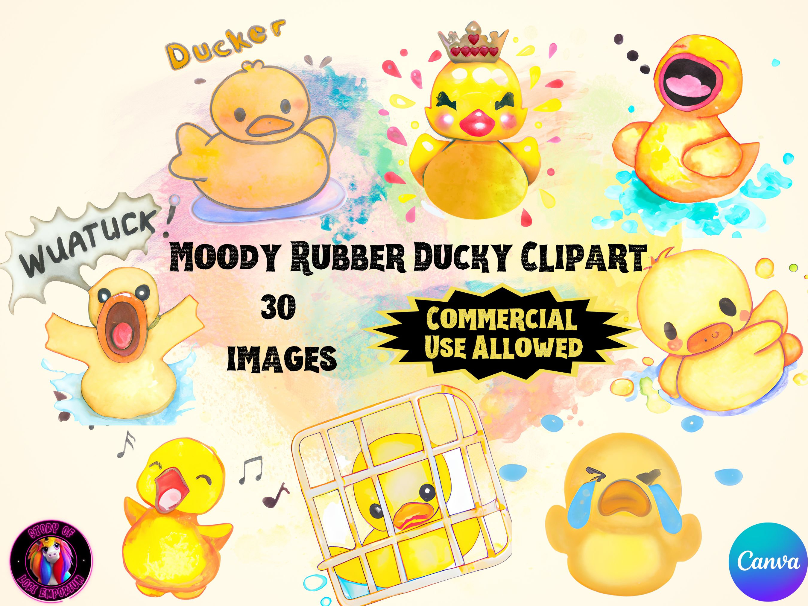 Watercolor Moody Rubber Ducky Digital Clipart PNG Funny Clipart ...