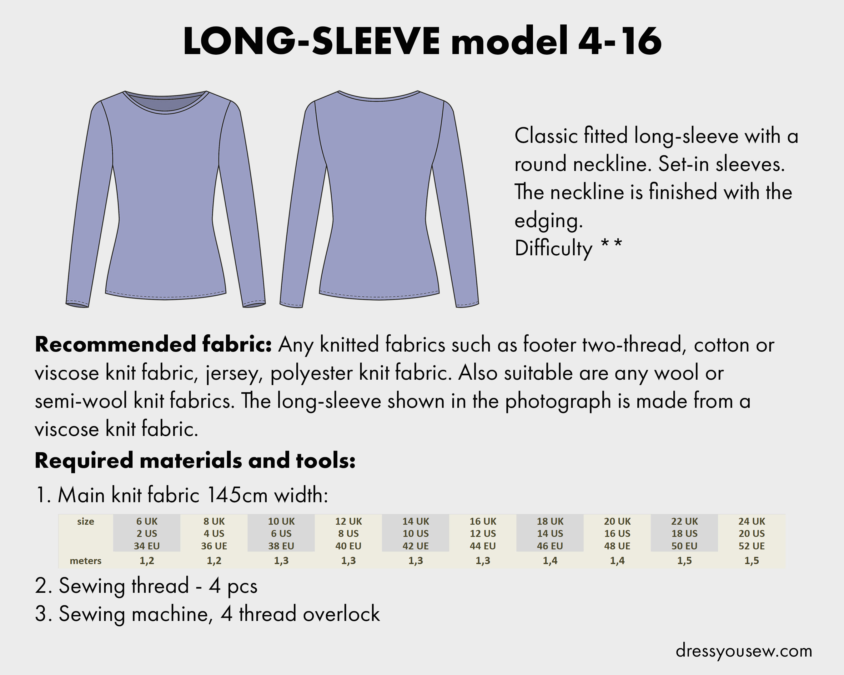 Long-sleeve Pattern. Classic Fitted Long-sleeve Sewing Digital PDF ...