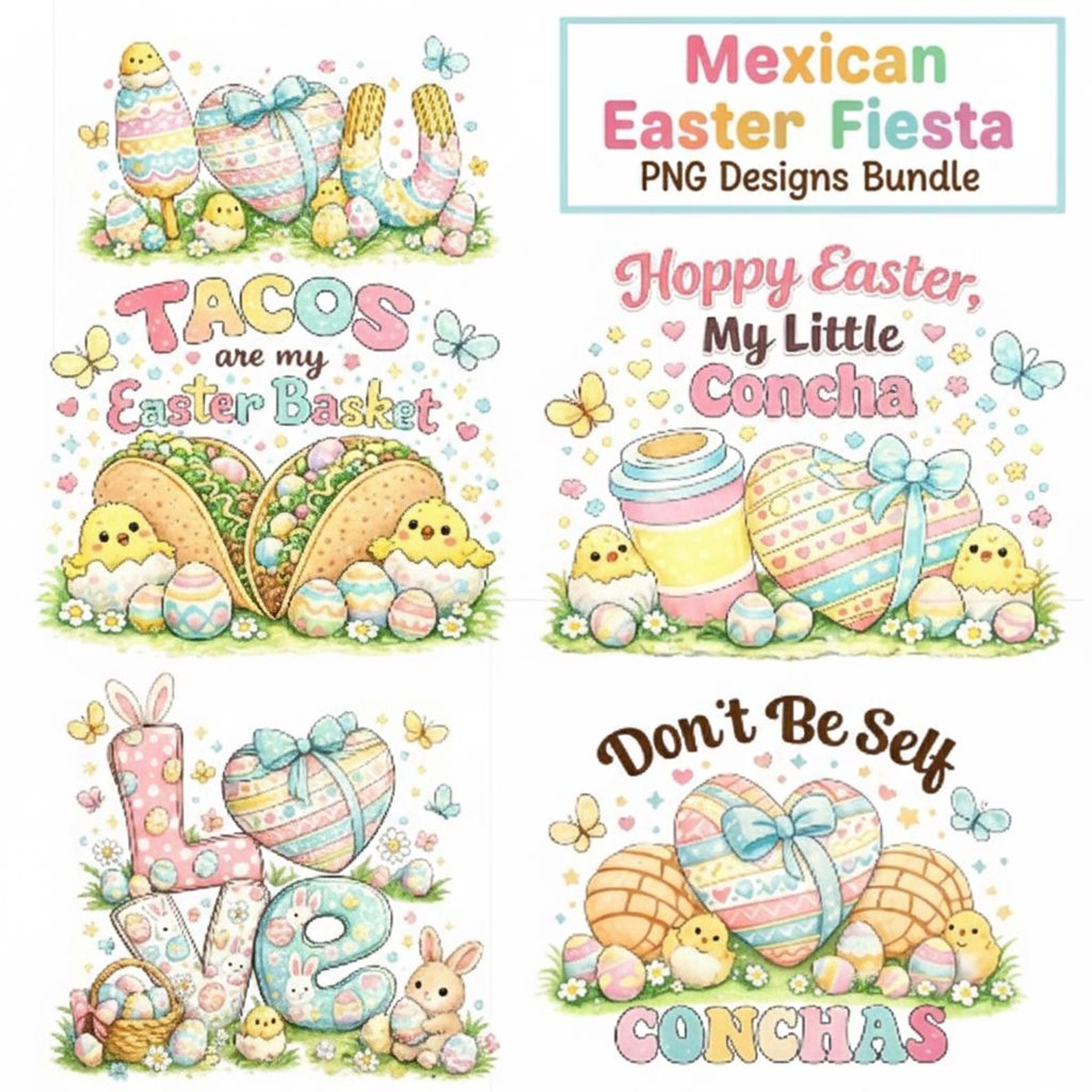 Mexican Easter Fiesta PNG Bundle, Tacos, Conchas Designs (digital ...