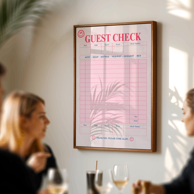 Blank Guest Check Printable Poster – Pink Guest Check Poster, Retro ...