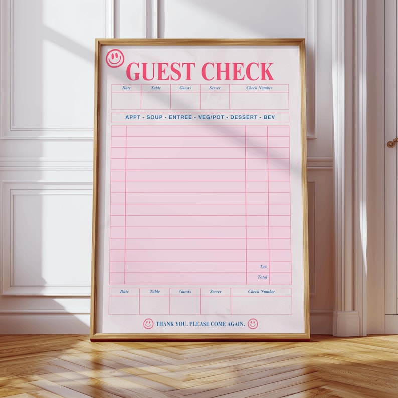 Blank Guest Check Printable Poster – Pink Guest Check Poster, Retro ...