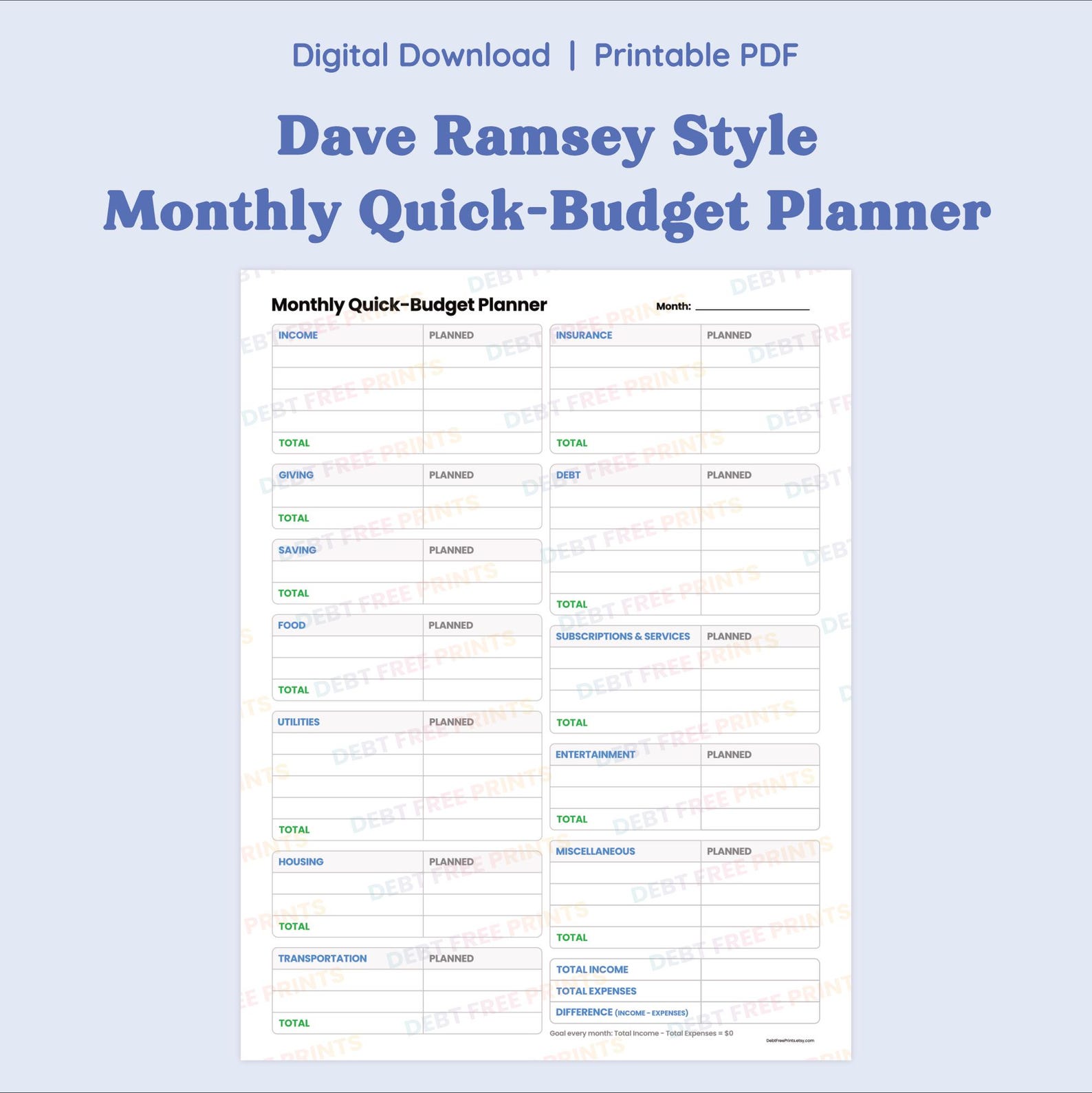 Dave Ramsey Style Monthly Budget Planner, Zero Based Worksheet ...
