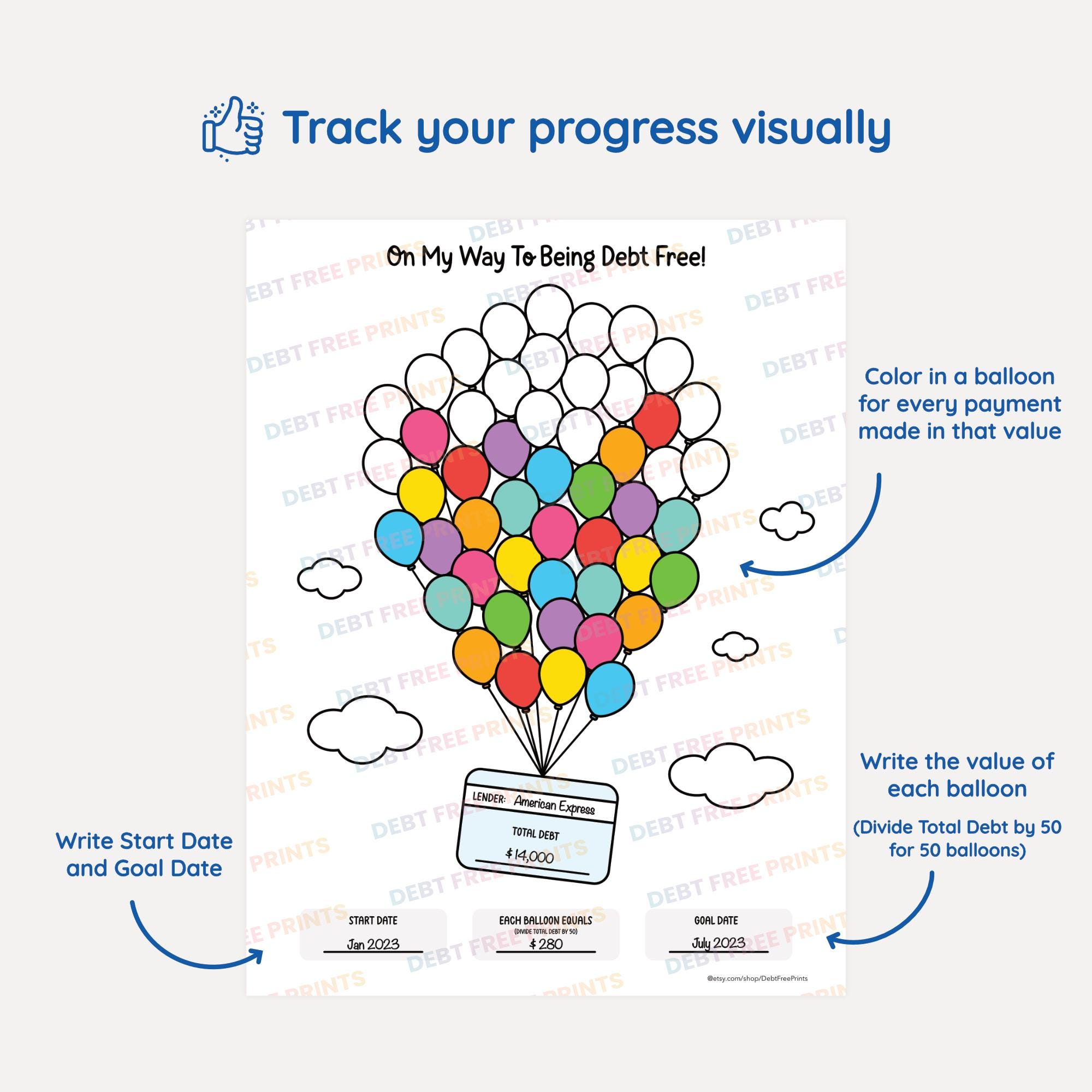 Balloon Debt Tracker - Digital Download Debt Payoff Color Sheet ...