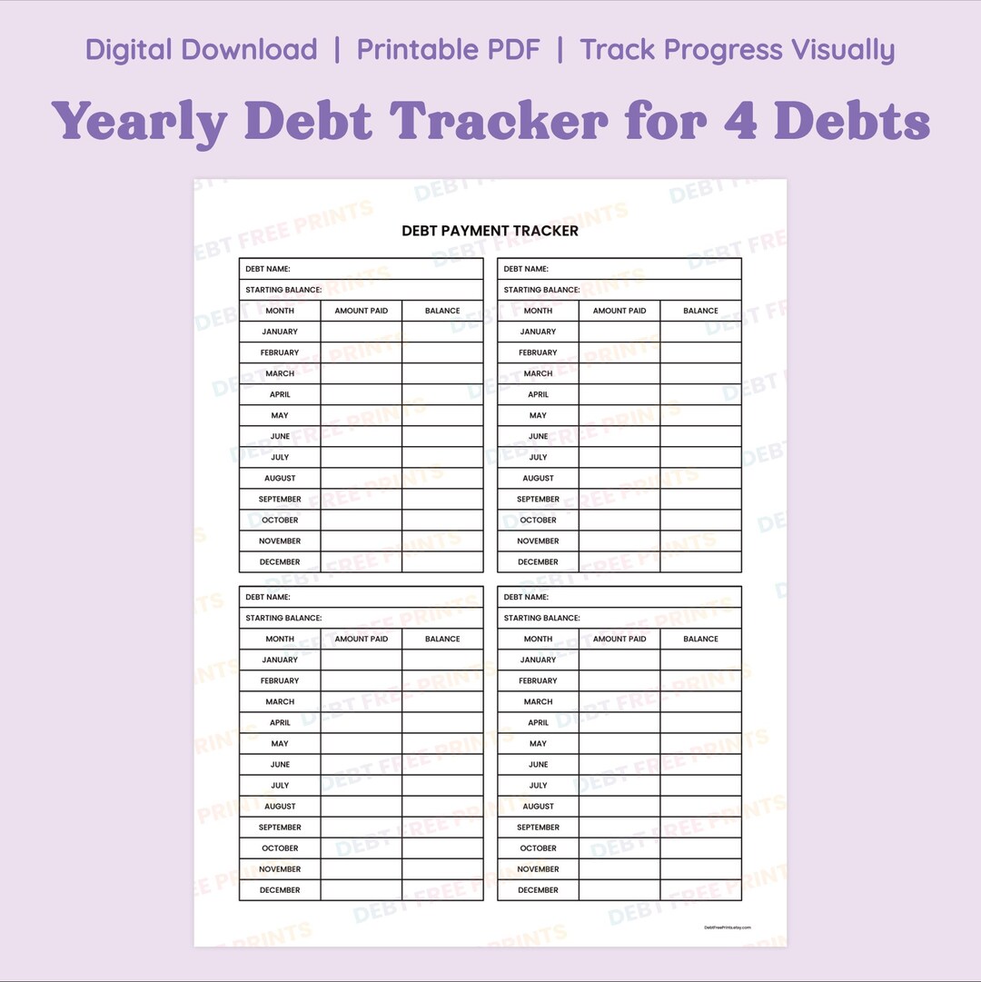 Yearly Debt Tracker Template for 4 Debts | Printable PDF Download - Etsy