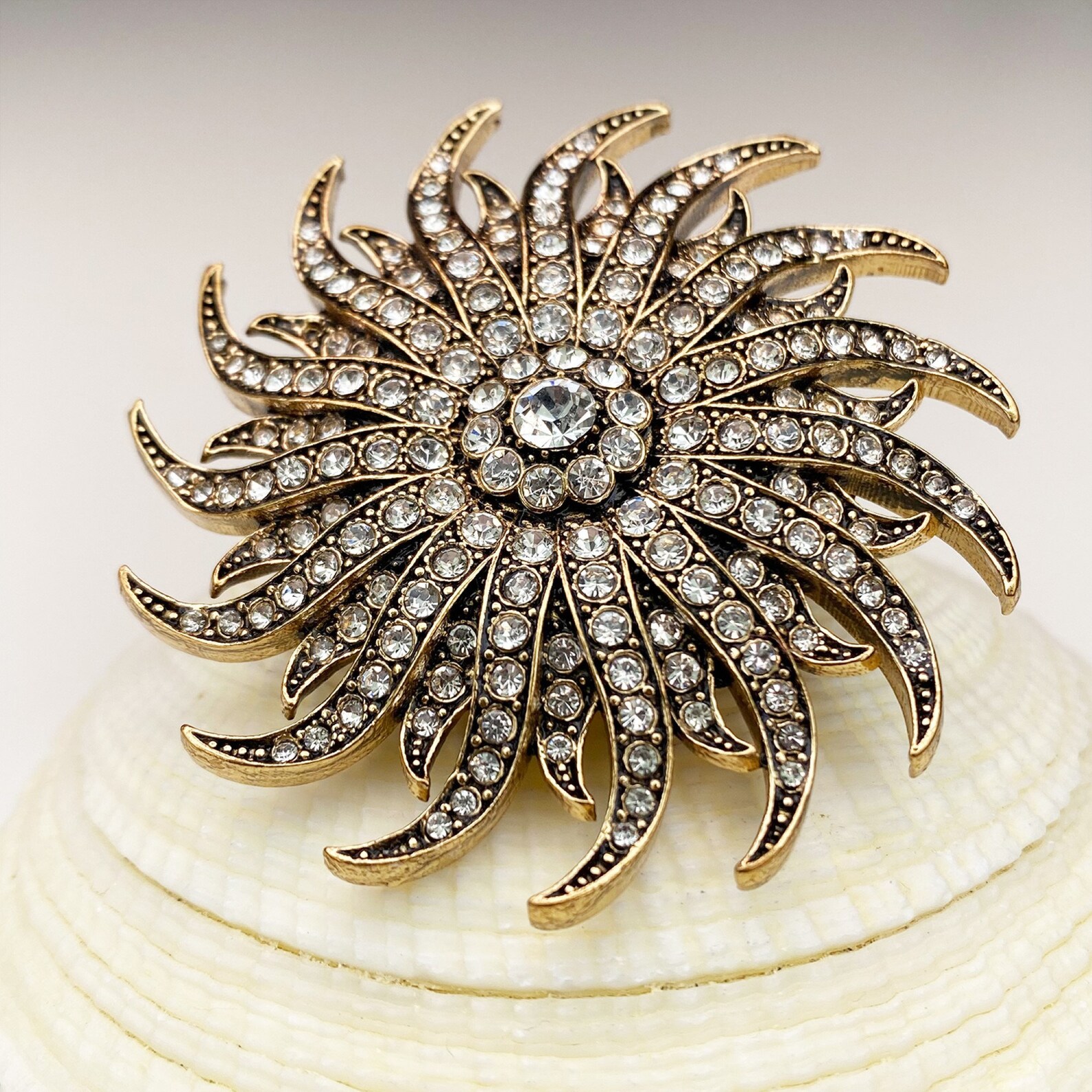 Passionflower Sultan Brooch With White Crystal Stone on Bronze - Etsy