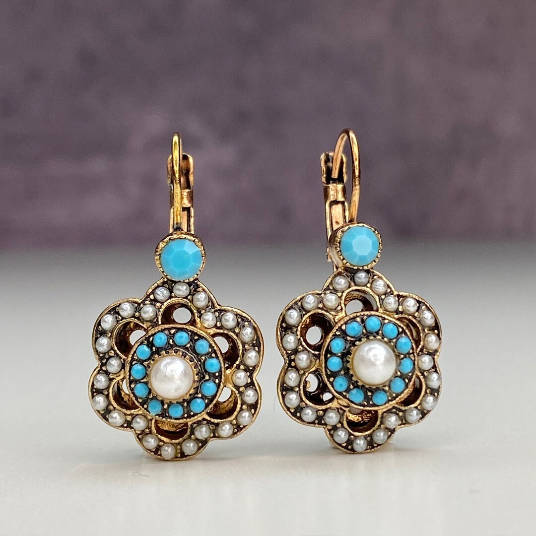 Vintage Style Love Earrings With Turquoise Diamond Stones and Bronze ...