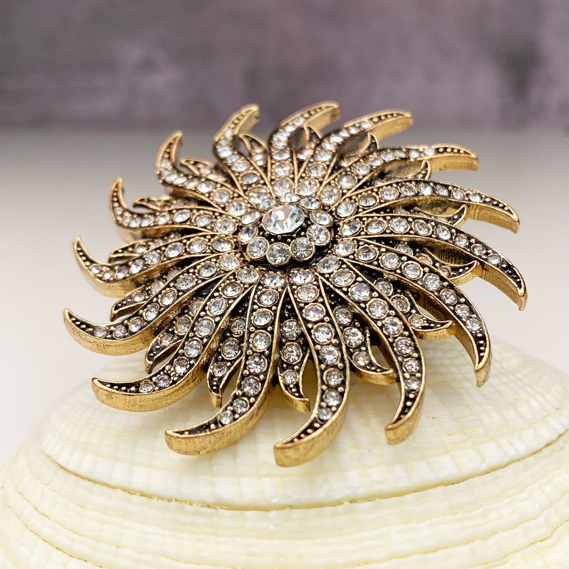 Passionflower Sultan Brooch With White Crystal Stone on Bronze - Etsy