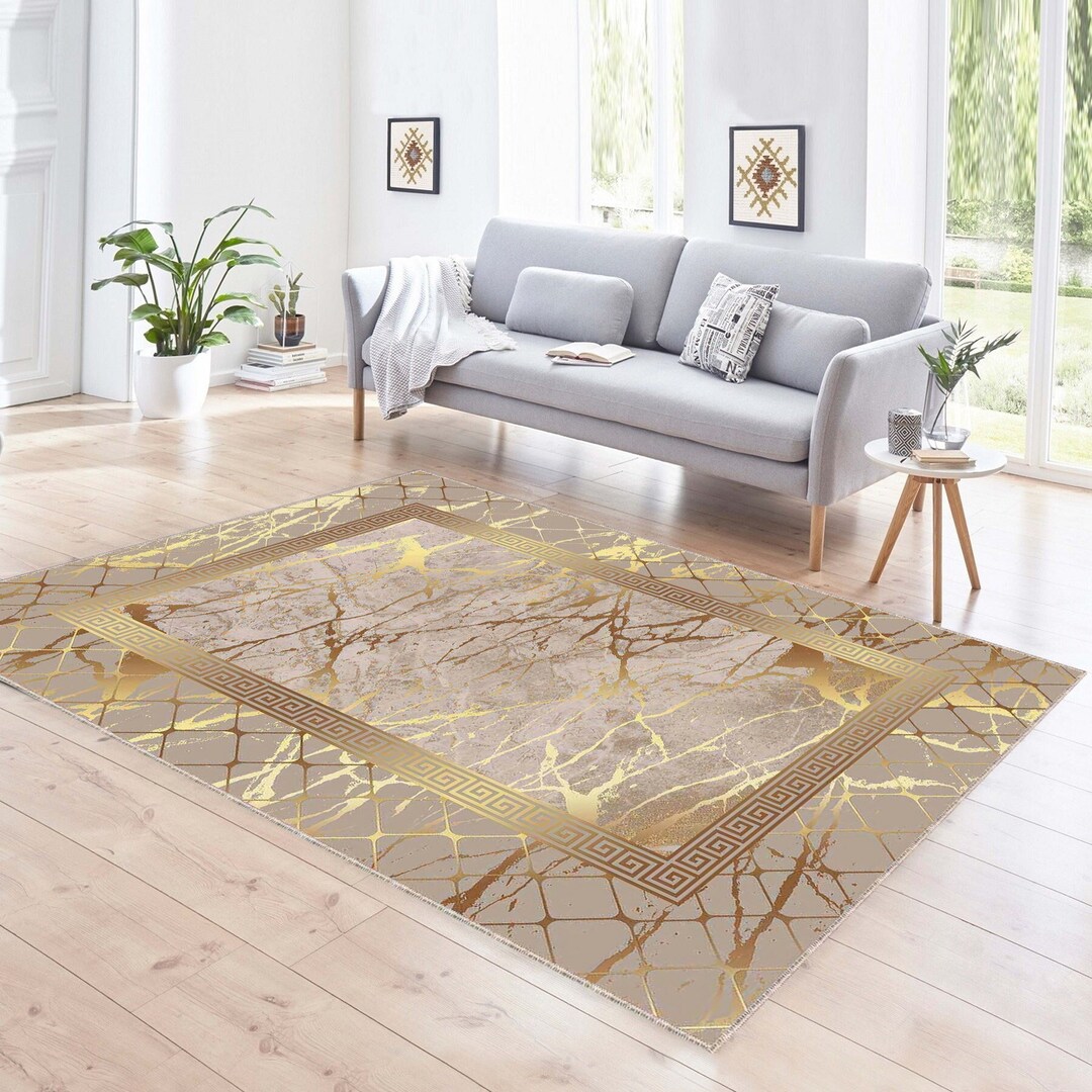 Beige Gold Framed Modern Carpet Contemporary Area Rug for Chic Home ...