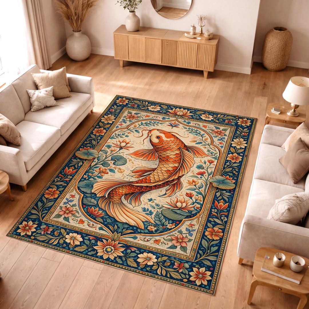 Koi Fish Area Rug, Japanese Inspired Floral Carpet, Oriental Statement ...