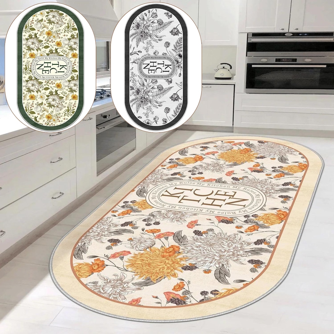 Floral Beige Kitchen Rug, Stain-proof Non-slip Runner - Etsy