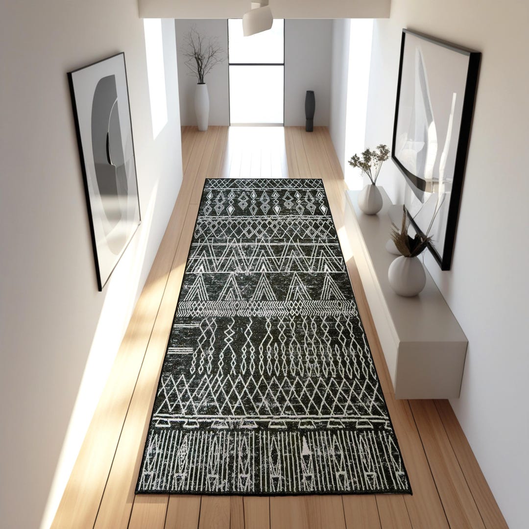 Boho Hallway Runner Rug, Black and White Kilim, Geometric Tribal Design ...