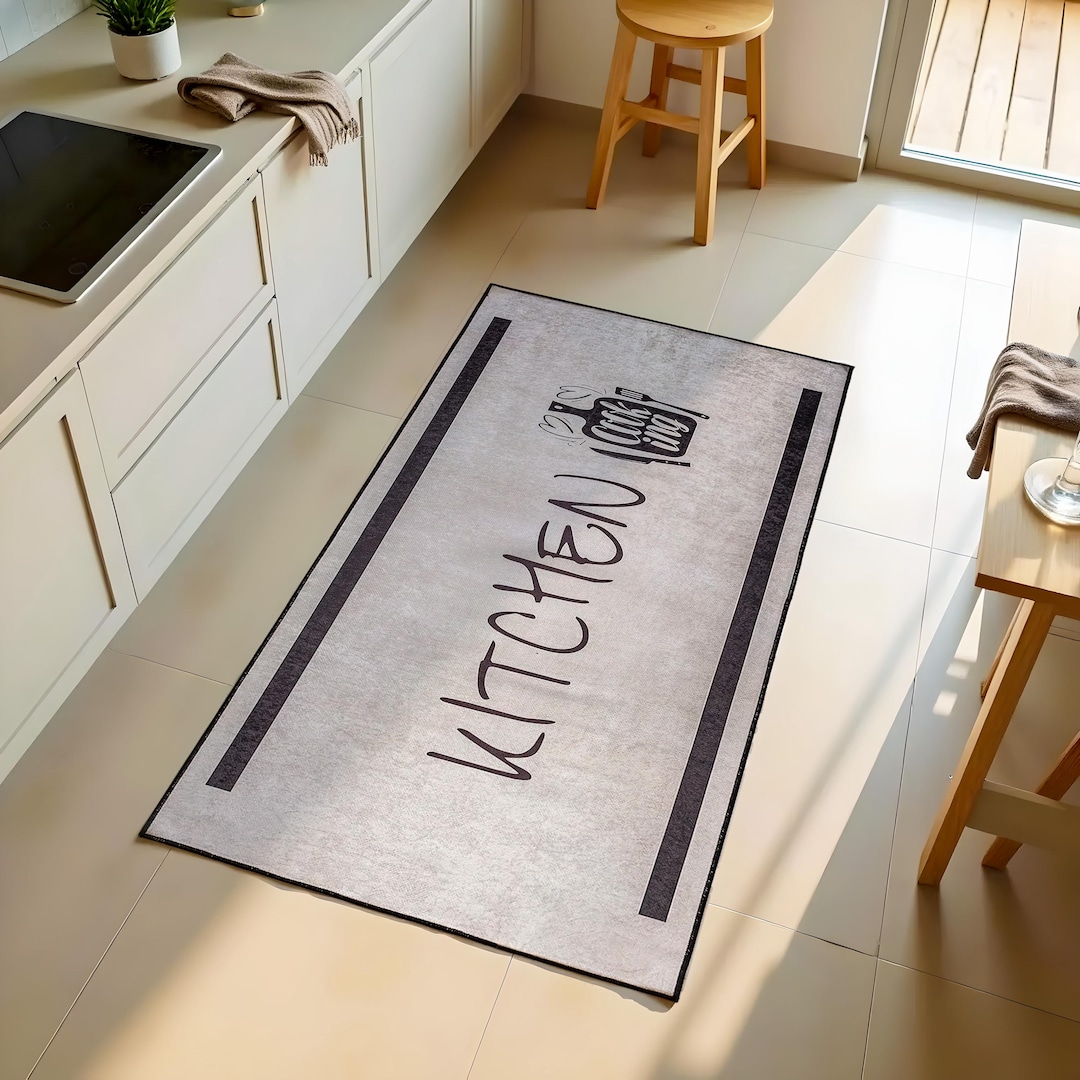 Minimalist Gray Kitchen Rug - Modern Kitchen Decor, Washable Soft Rug ...