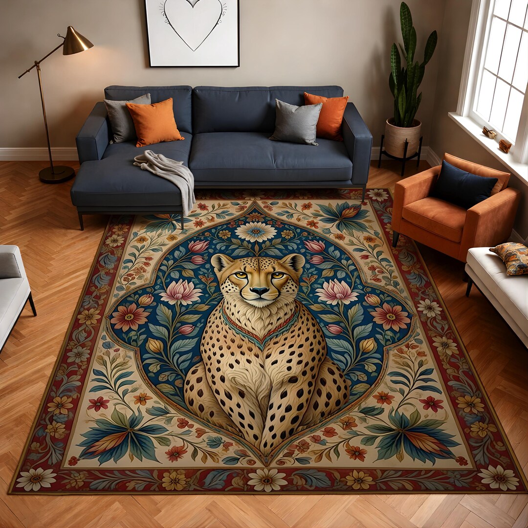 Cheetah Area Rug for Living Room, Vintage Floral Leopard Carpet, Luxury ...