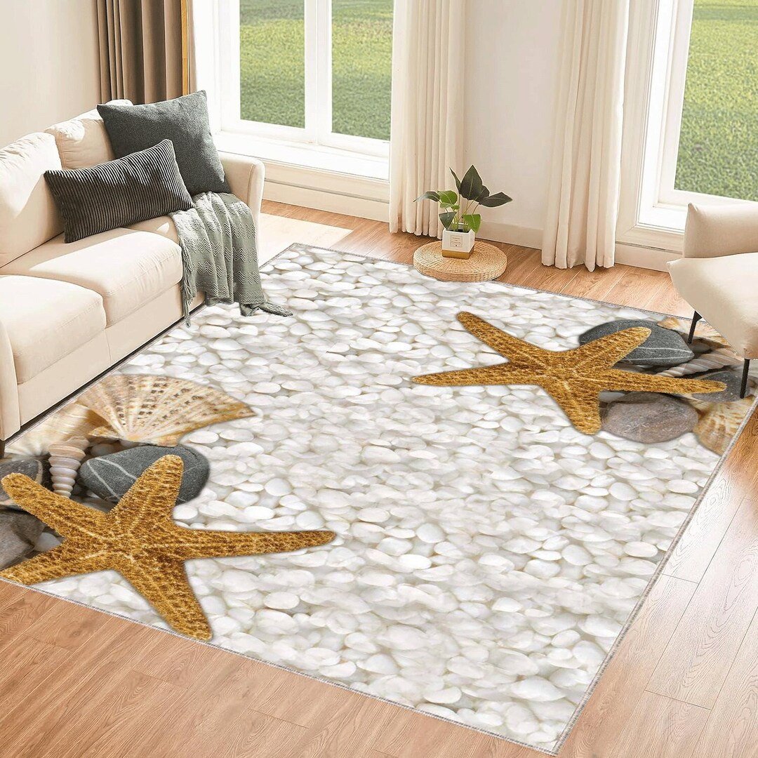 Seashell & Starfish Rug - Washable Coastal Area Carpet for Living Room ...