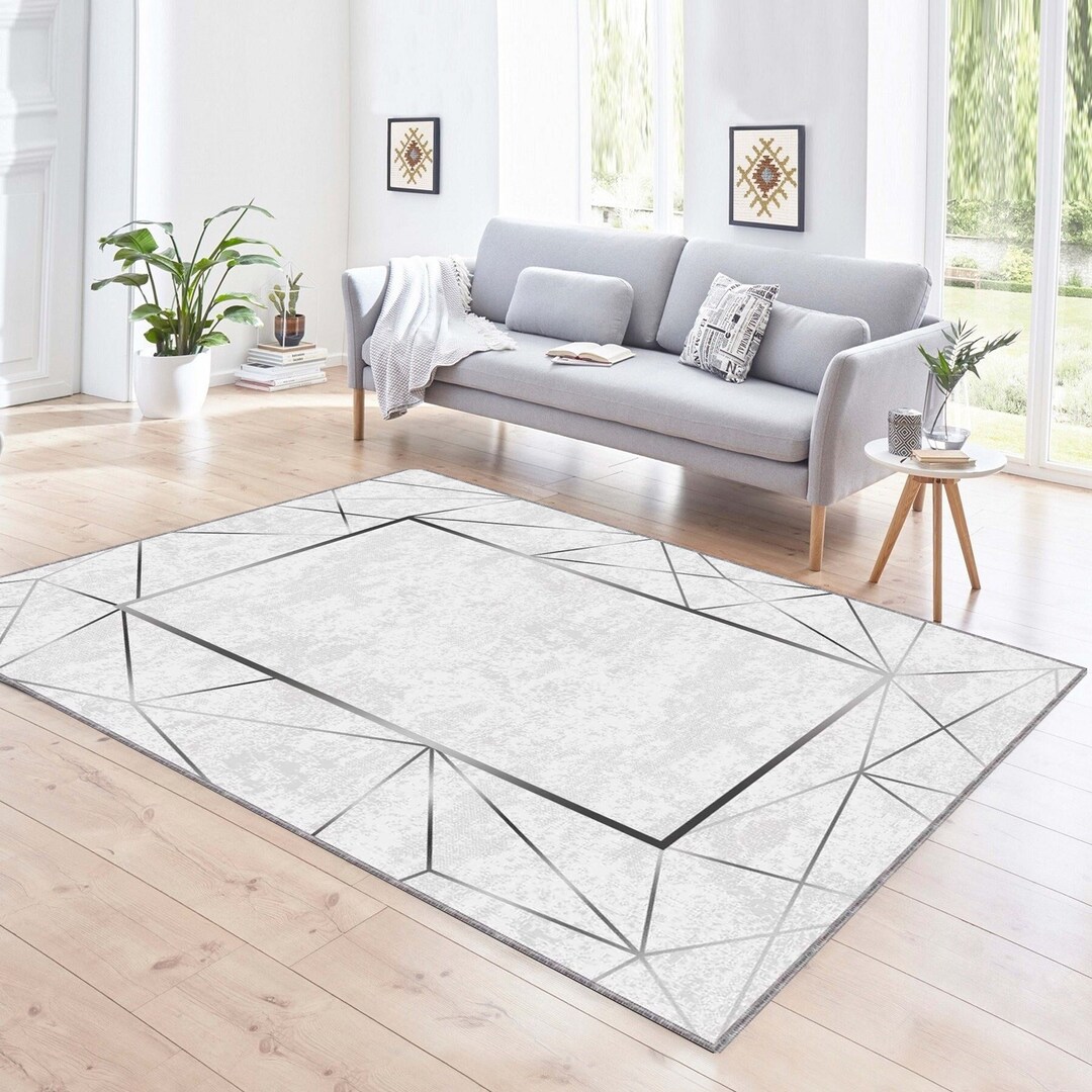 Silver Framed Decorative Carpet, Grey Soft Rug, Washable Turkish Rug ...