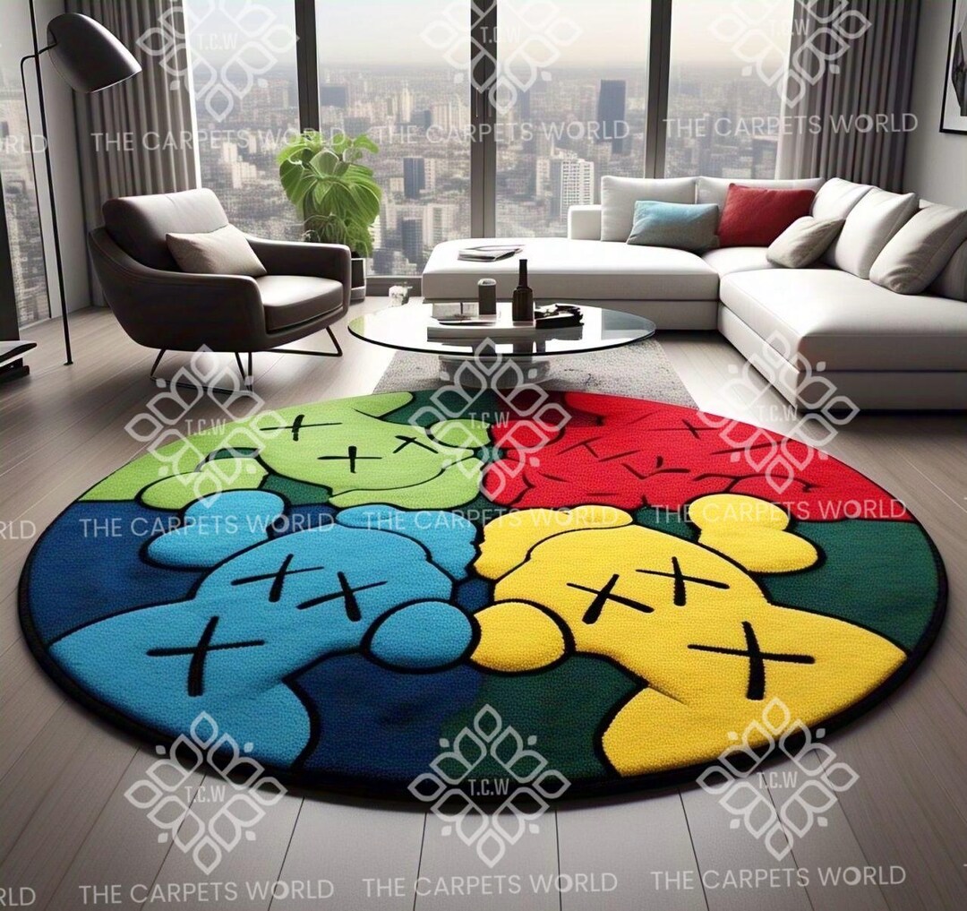 Playful Kaws Colourful Round Rug, 100% Wool, Cartoon Rug for Bedroom ...