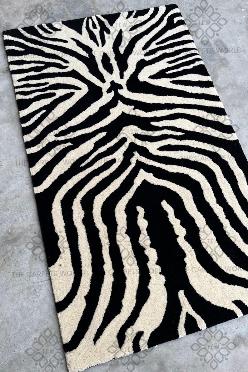 8x10 Zebra Skin Rug, Animal Print Black & Cream Rectangle Shape Rug ...
