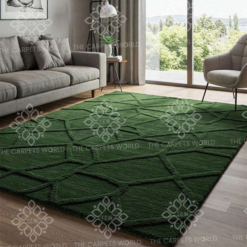 Emerald Forest Wool Accent Hand Tufted Rug Geometric Rectangle Shape ...