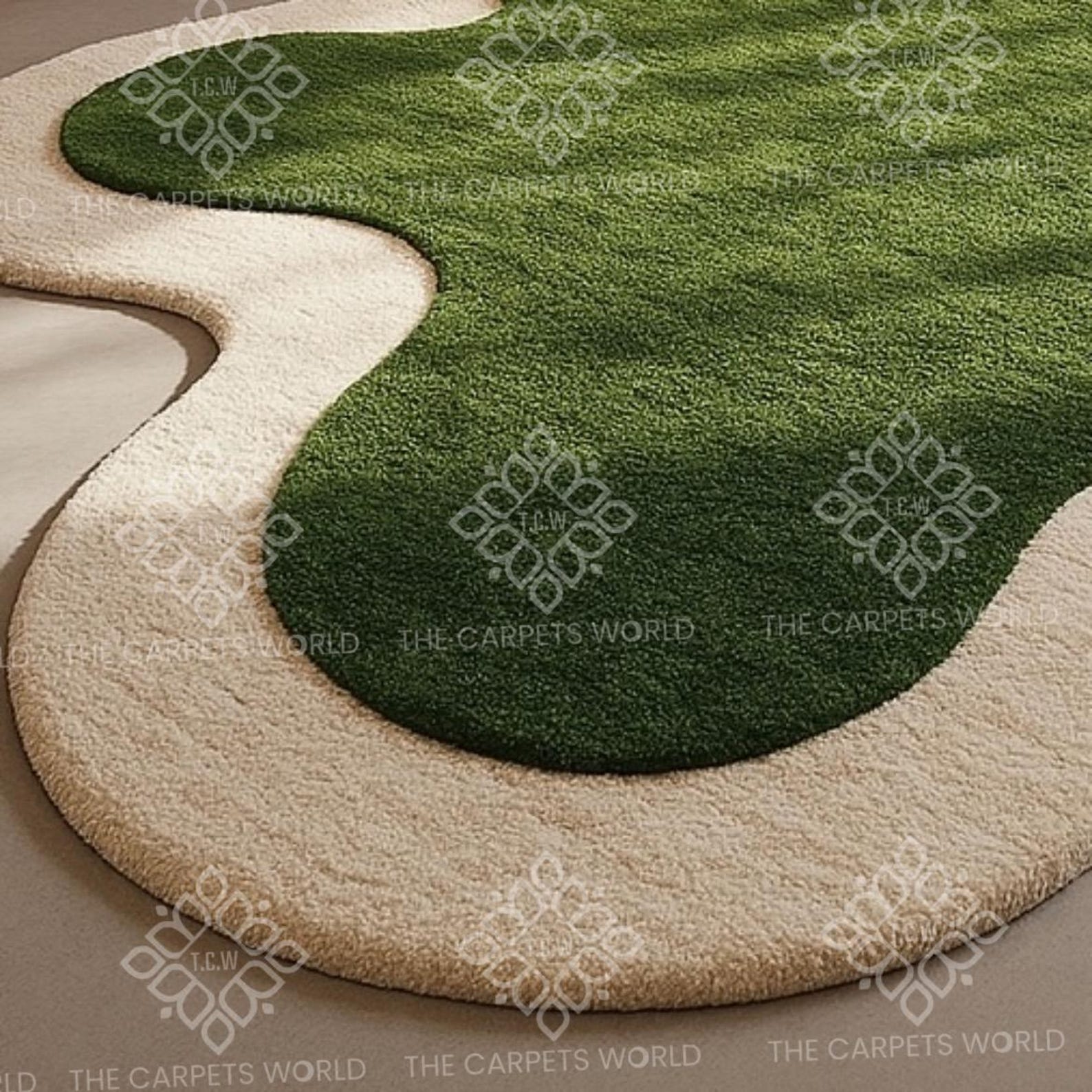 Groovy Splash Shag Rug– Retro Green & Cream Blob Area Rug, Handmade ...