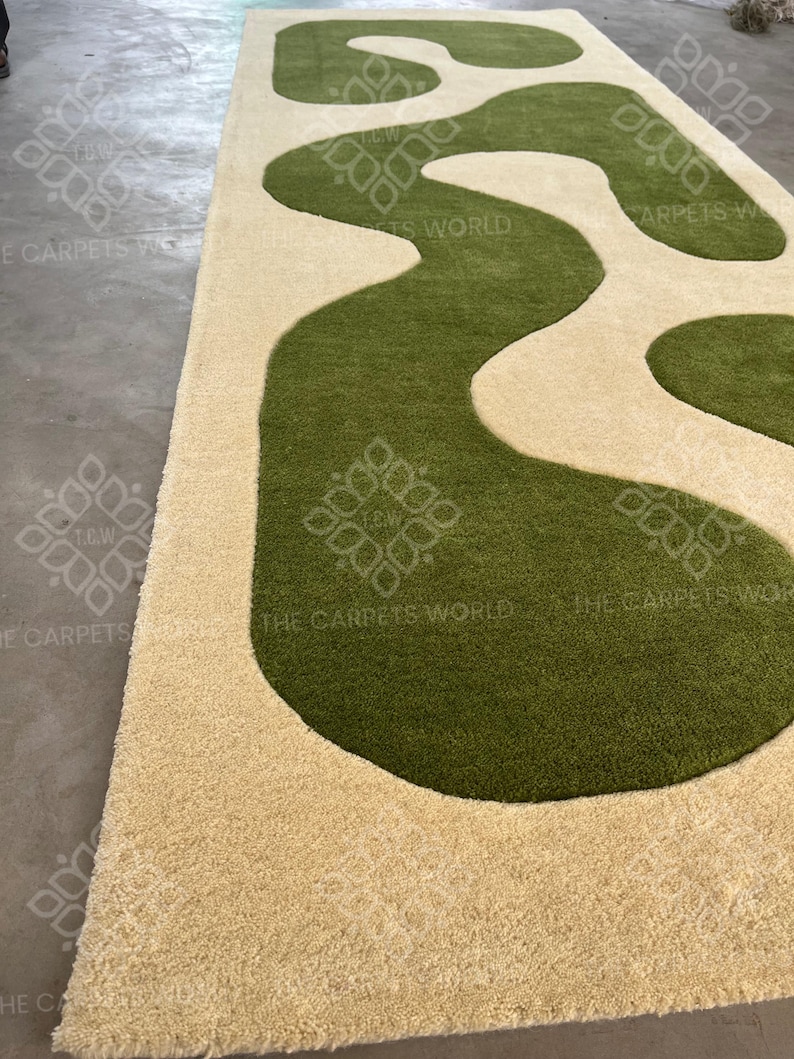 3x10 Modern Abstract Green Runner Rug, Hand Tufted Wool Runner Carpet ...