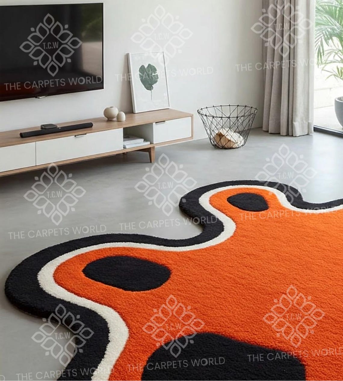 Amoeba Shape Hand Tufted Wool Rug Organic Shape Vibrant Orange & Black ...