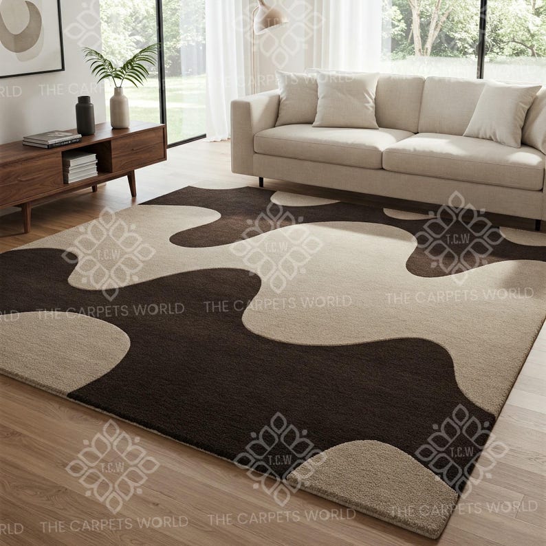 Modern Abstract Rug- Beige & Brown Wavy Pattern,designer Hand Tufted ...