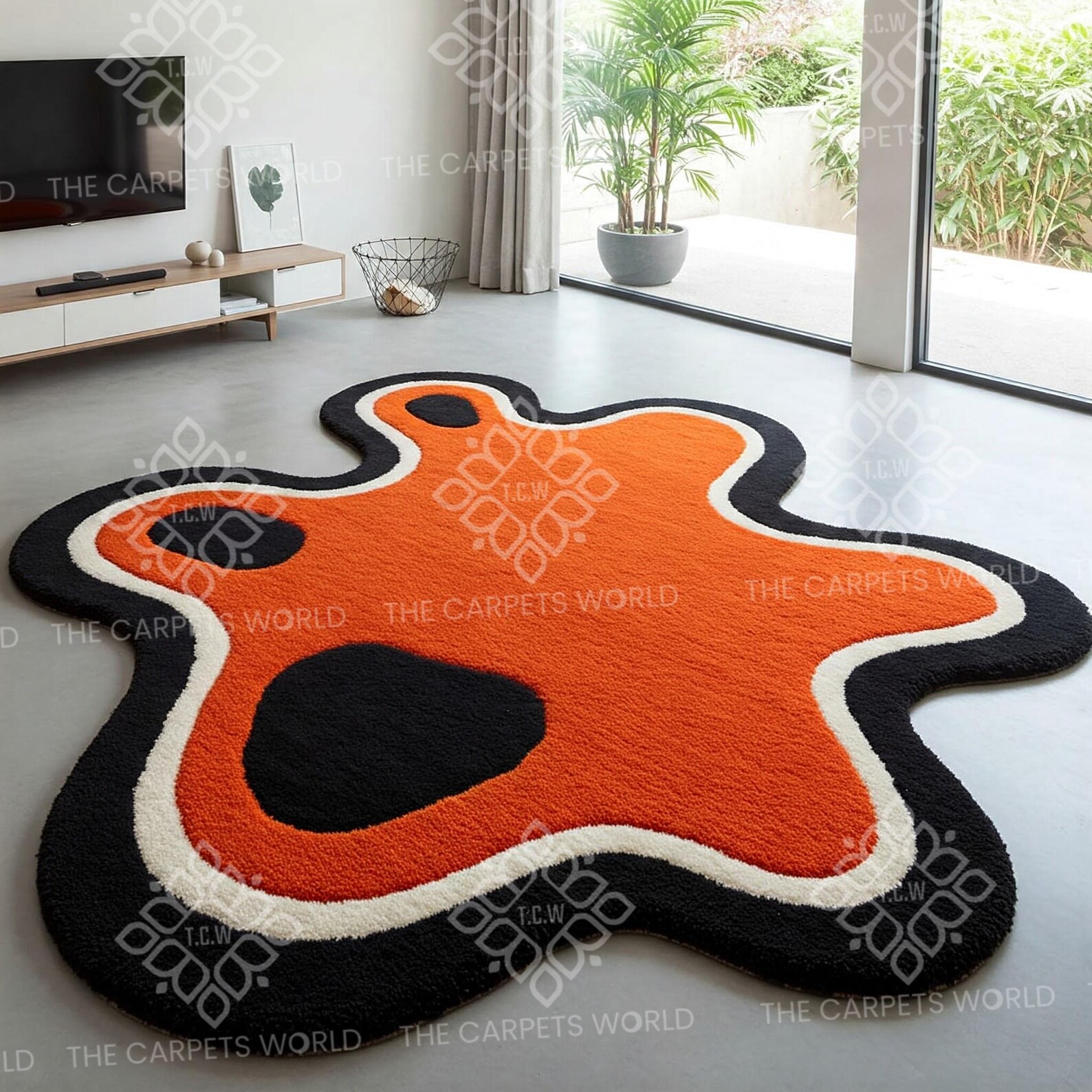 Amoeba Shape Hand Tufted Wool Rug Organic Shape Vibrant Orange & Black ...
