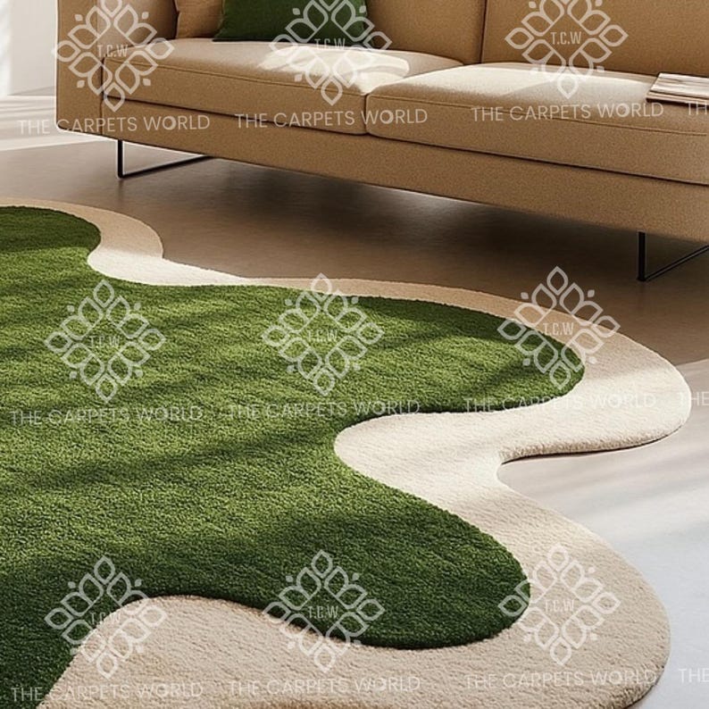 Groovy Splash Shag Rug– Retro Green & Cream Blob Area Rug, Handmade ...