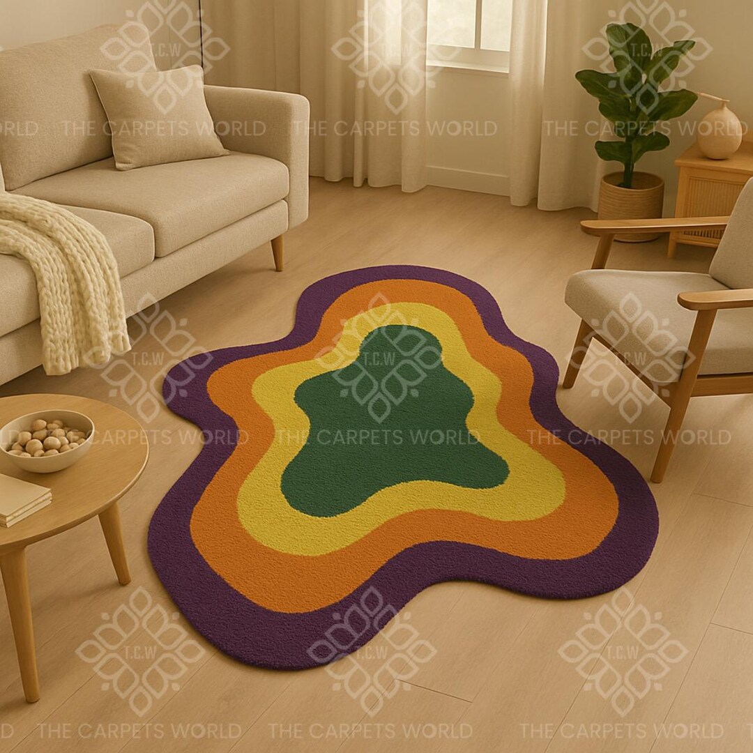 Retro Rainbow Blob Rug– Wavy Irregular Shape Colorful Carpet for Kids ...