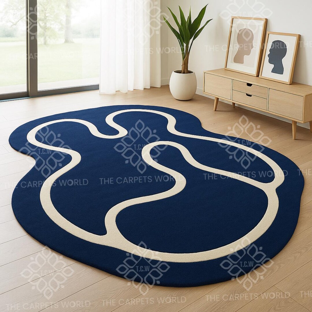 Modern Abstract Hand-tufted Wool Rug | Navy Blue Organic Shape Carpet ...