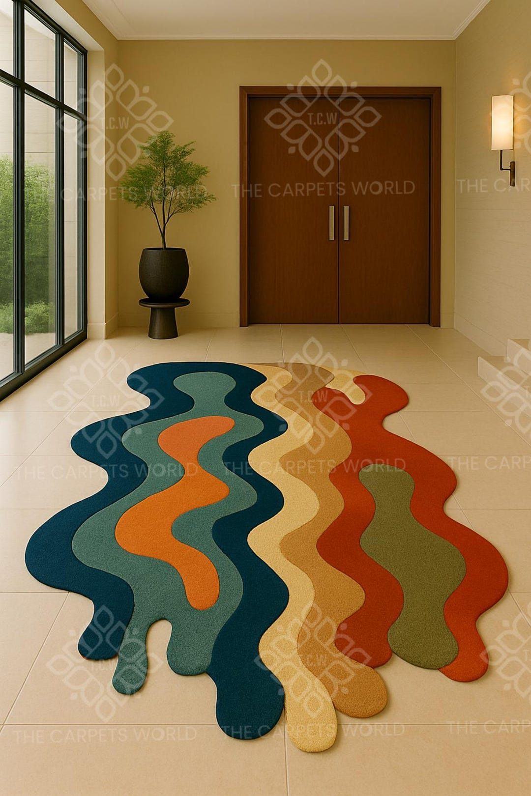 Modern Abstract Wavy Wool Rug – Colorful Retro Area Rug, Mid Century ...