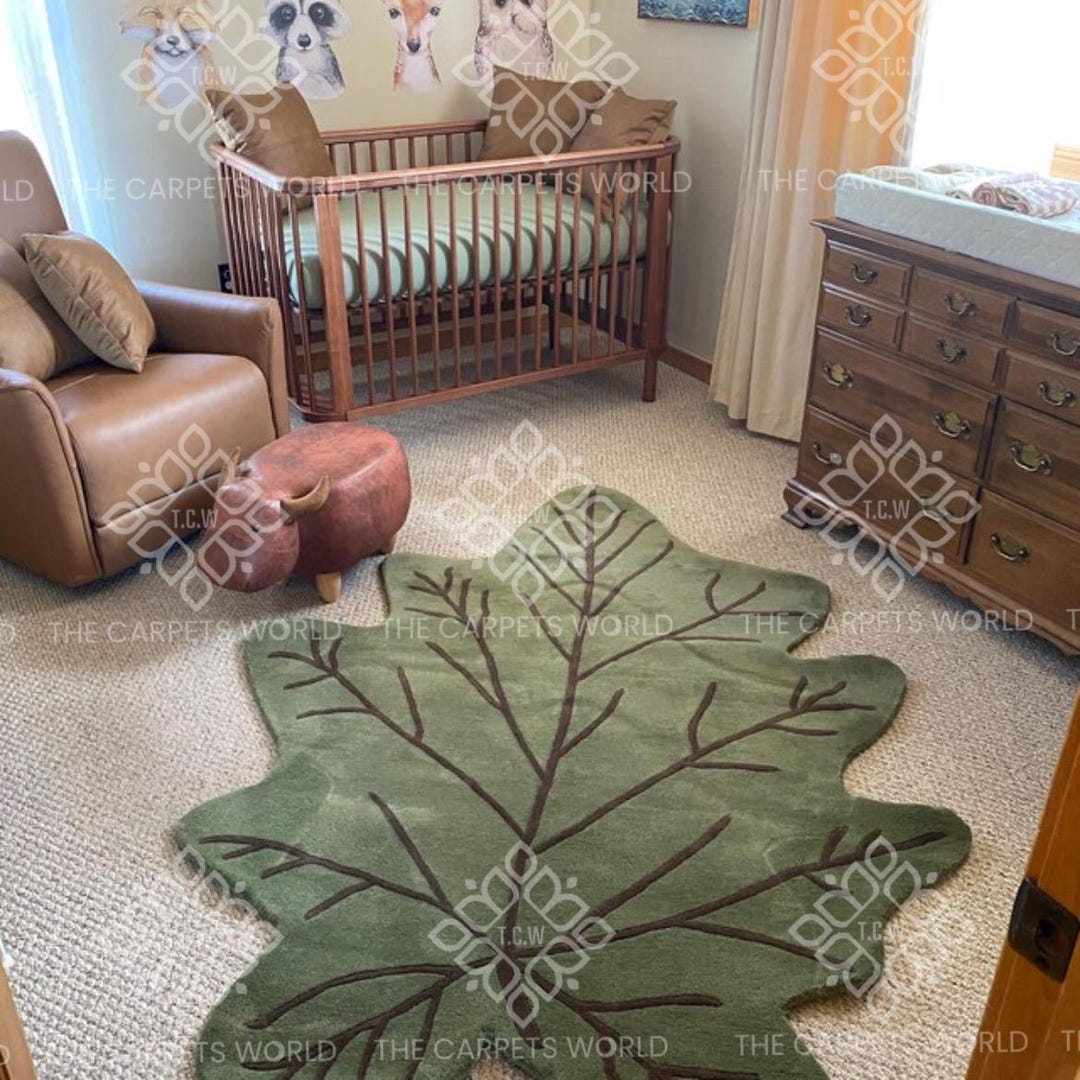 Hand Tufted Leaf Shape Wool Rug, Botanical Green Rug, Nature Inspired ...