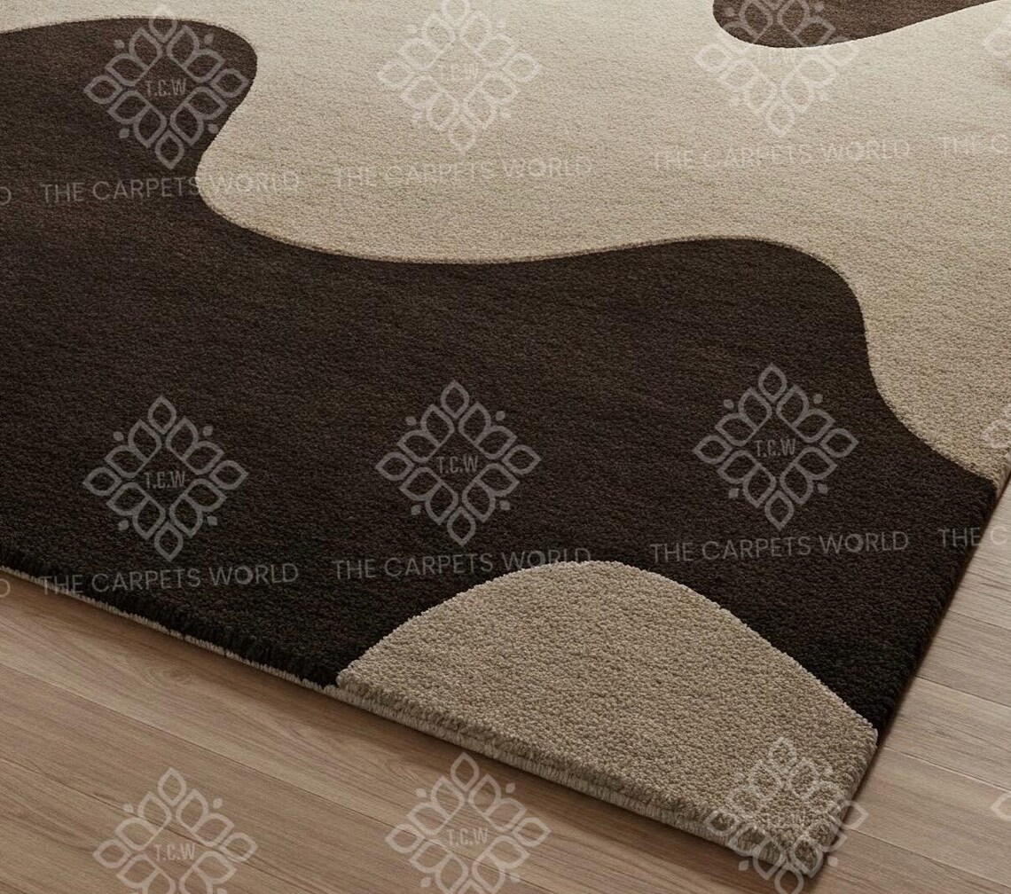 Modern Abstract Rug- Beige & Brown Wavy Pattern,designer Hand Tufted ...