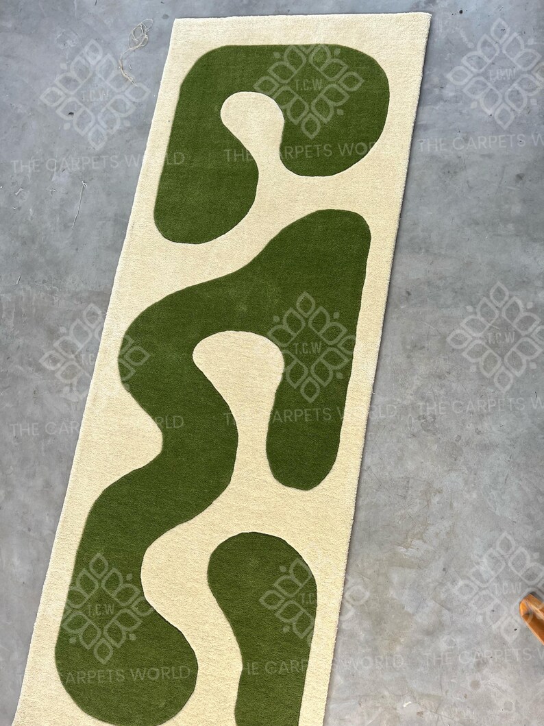 3x10 Modern Abstract Green Runner Rug, Hand Tufted Wool Runner Carpet ...
