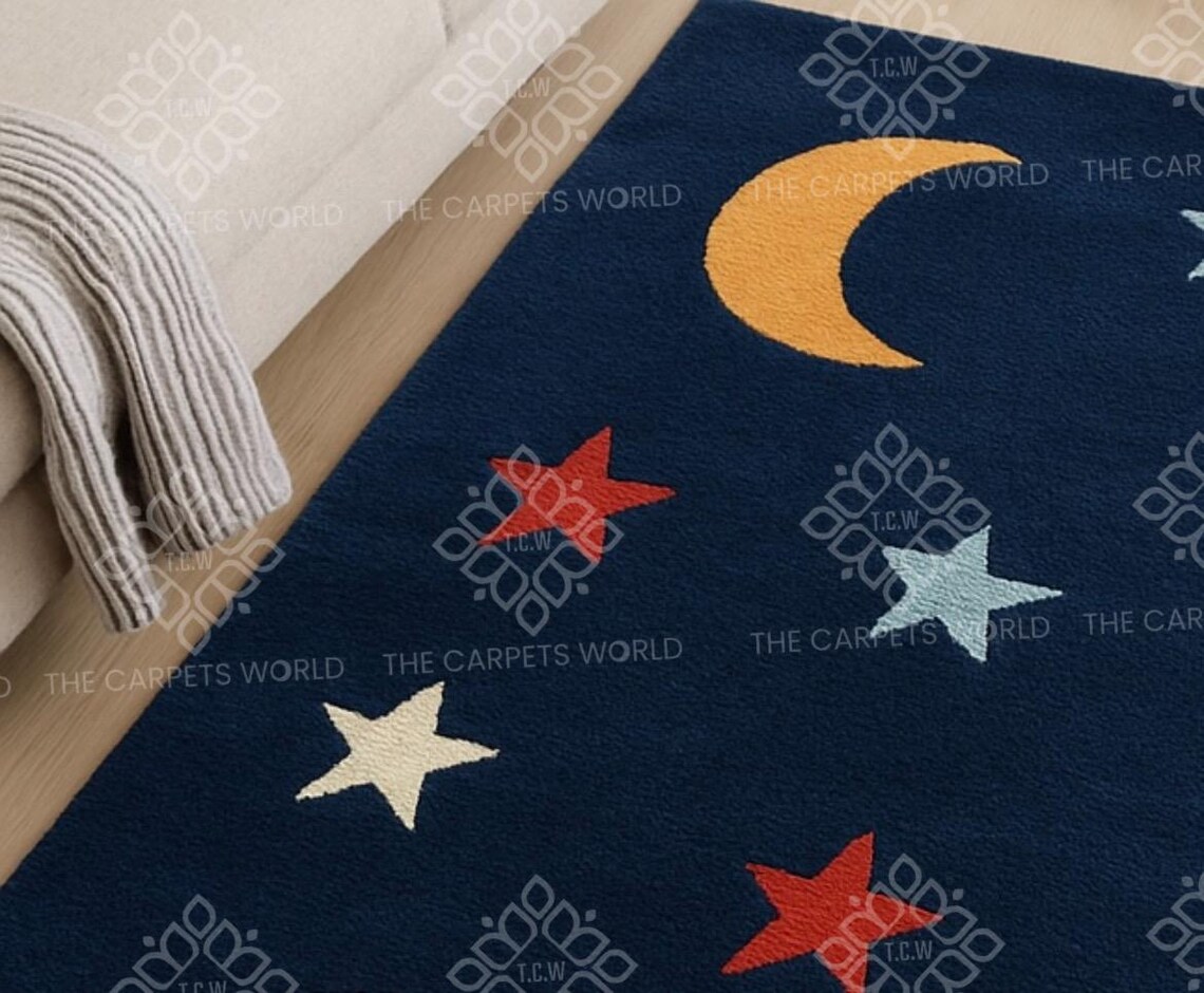 9x12 Colorful Moon & Stars Hand Tufted Rug, Celestial Navy Blue Nursery ...