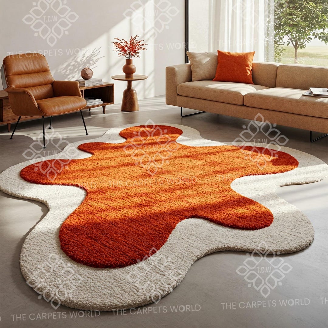 6x9 Groovy Splash Shag Rug– Retro Orange & Waige Blob Area Rug, Organic ...